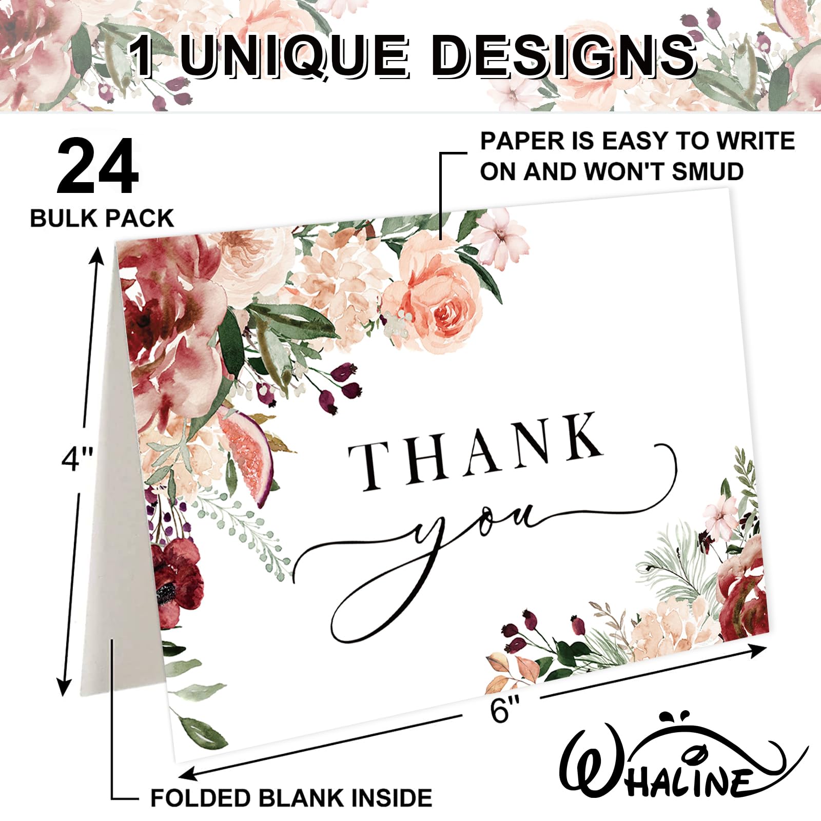 Whaline 24 Pack Floral Thank You Cards Bulk Watercolor Flower Thank You Note Cards with Envelopes Stickers for Fall Wedding Bridal Shower Birthday Invitation
