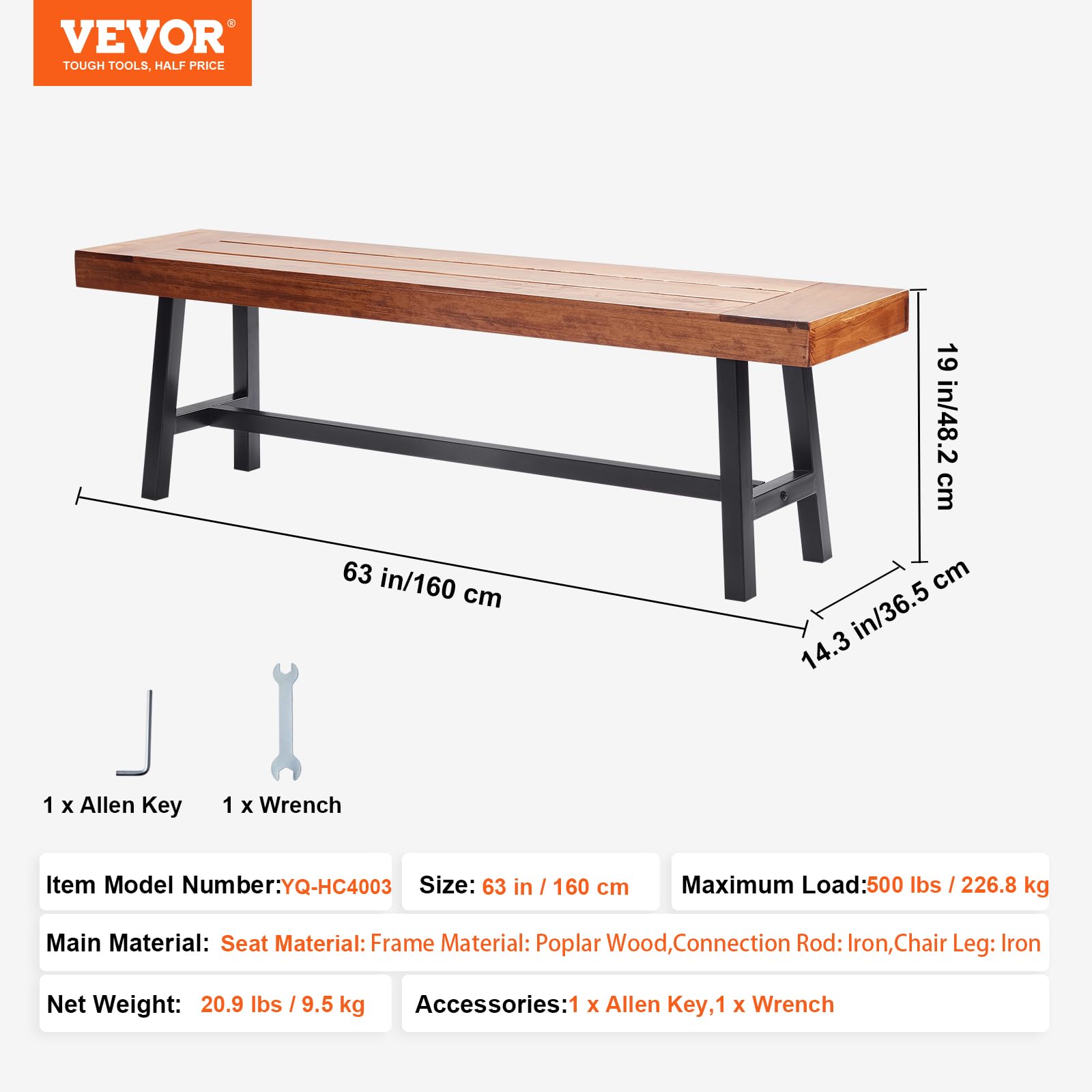 VEVOR Wood Outdoor Bench, 3-Person Garden Bench, 500 lbs Load Capacity,Weatherproof Never Rot Patio Bench for Garden, Park, Yard, Front Porch-63