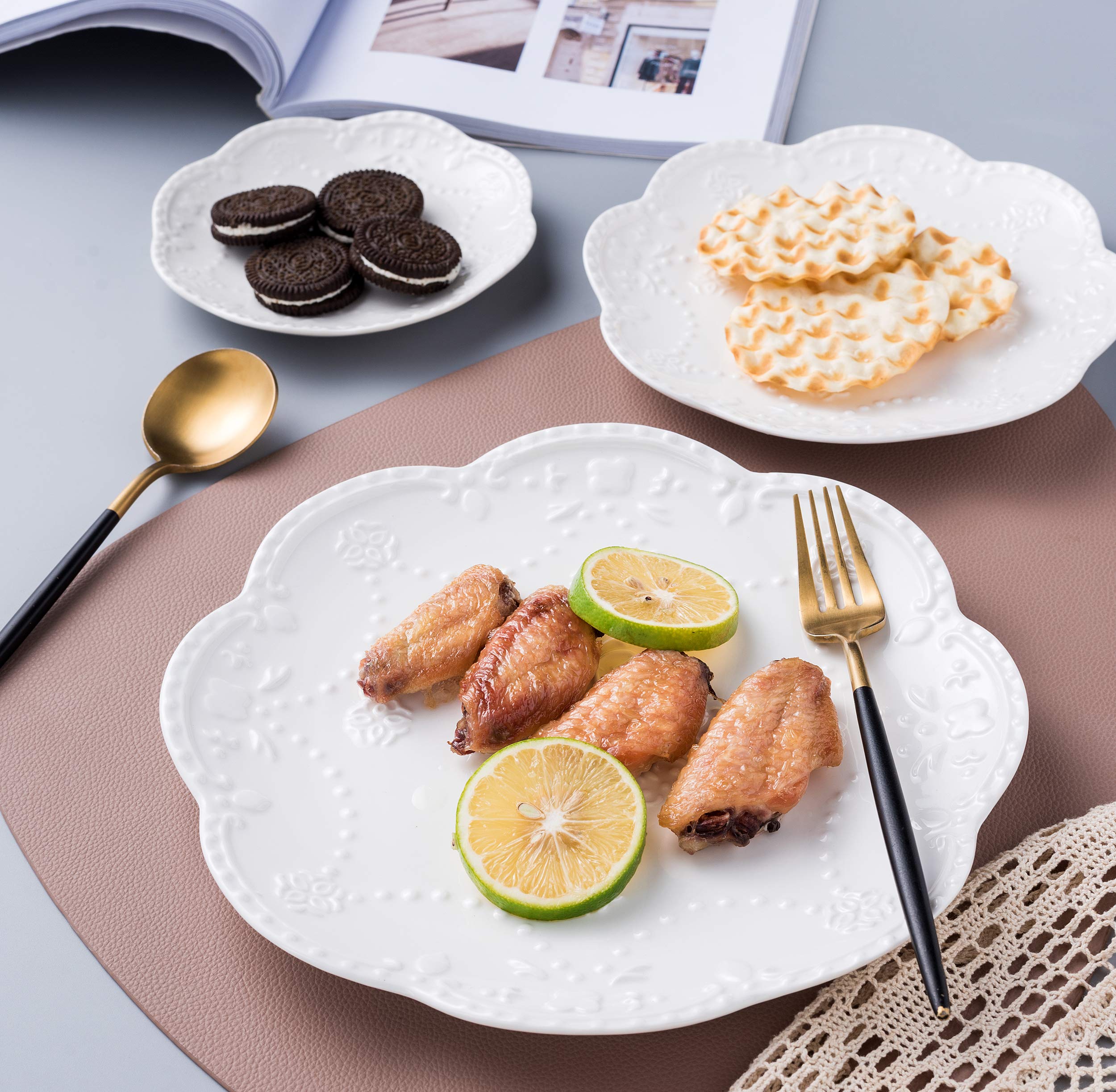 Jusalpha Embossed Lace Porcelain Plate-Dinner Plate Set, Pasta/Salad/Dessert Plate, Tableware Set for Restaurant Family Party Kitchen Use -4 Pieces, FD-PL15 (10 Inche, White)