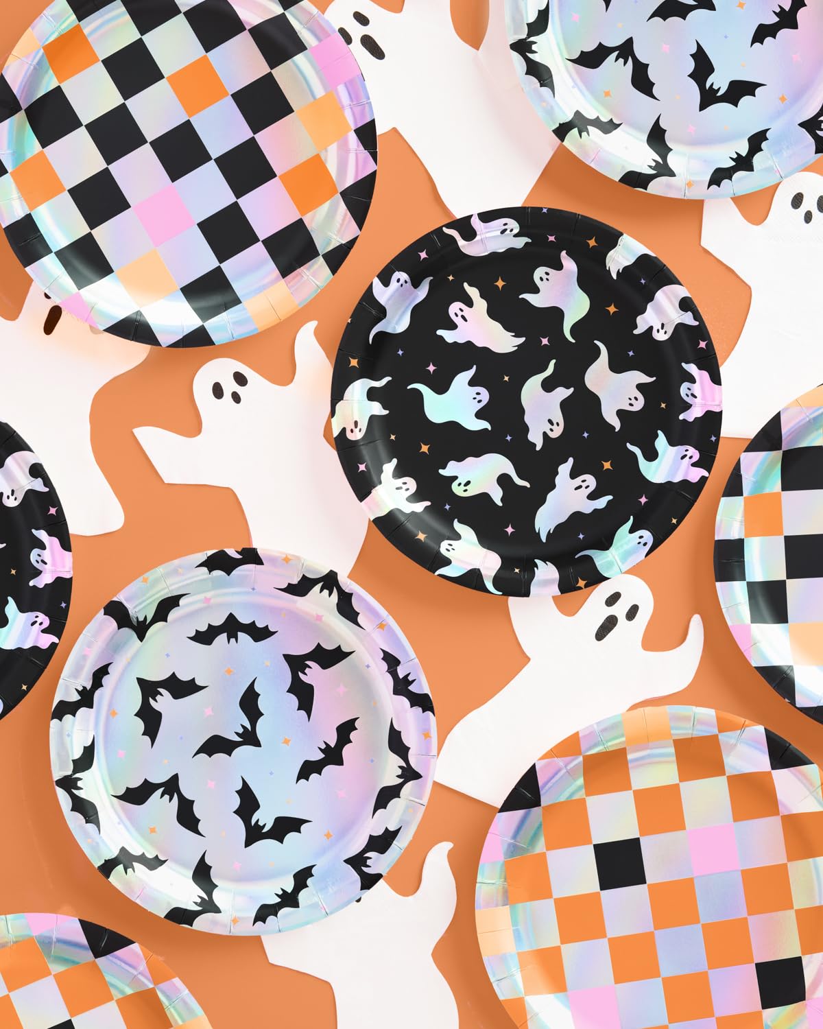xo, Fetti Halloween Plates - 24 pcs | Halloween Tablescape, Spooky Season Setting, Haunted House Party, Checkered Kids Table Decor