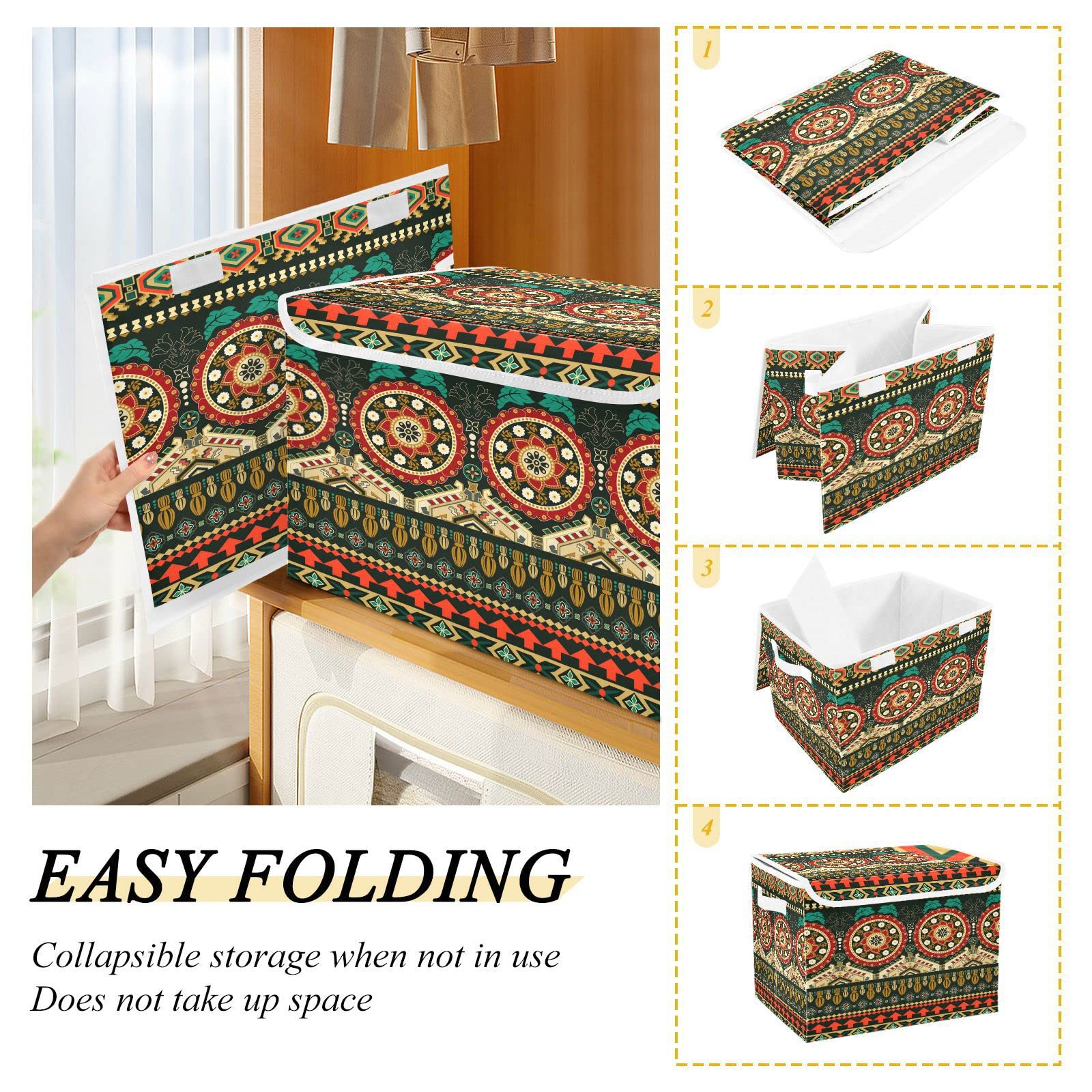 Kigai Boho Mandala Style Storage Basket 16.5x12.6x11.8 In Collapsible Fabric Storage Cubes Organizer Large Storage Bin with Lids and Handles for Shelves Bedroom Closet Office