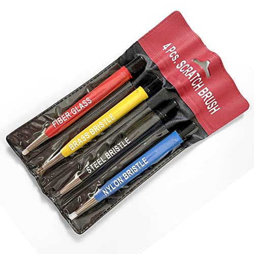 Pixiss Scratch Brush Pen Set with Replacement Tips, Fiberglass, Steel, Brass, Nylon, 5-inches Pen Style Prep Sanding Brush 4-Pack for Corrosion, Rust, Jewelry, Circuit Boards and Auto Body Work
