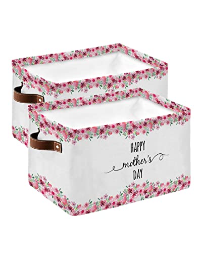 Storage Bins Large Storage Basket,Mother's Day Spring Flower on White Collapsible Storage Bins with Handle,Watercolor Floral Storage Baskets Cube Organizer for Shelves Closet Nursery