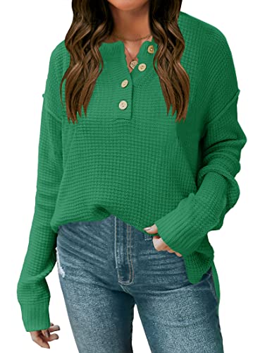 ZESICA Women's 2023 Casual V Neck Sweater Loose Long Sleeve Waffle Knit Button Henley Pullover Jumper Top,Green,Small