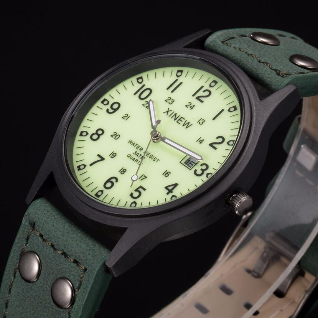 IEason,Vintage Classic Men's Waterproof Date Leather Strap Sport Quartz Army Watch (Light Green)