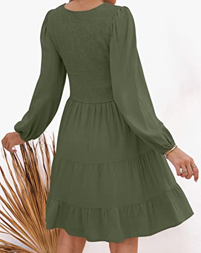 ZESICA Women's Casual V Neck Long Sleeve Smocked High Waist Ruffle A Line Tiered Mini Dress,ArmyGreen,Medium