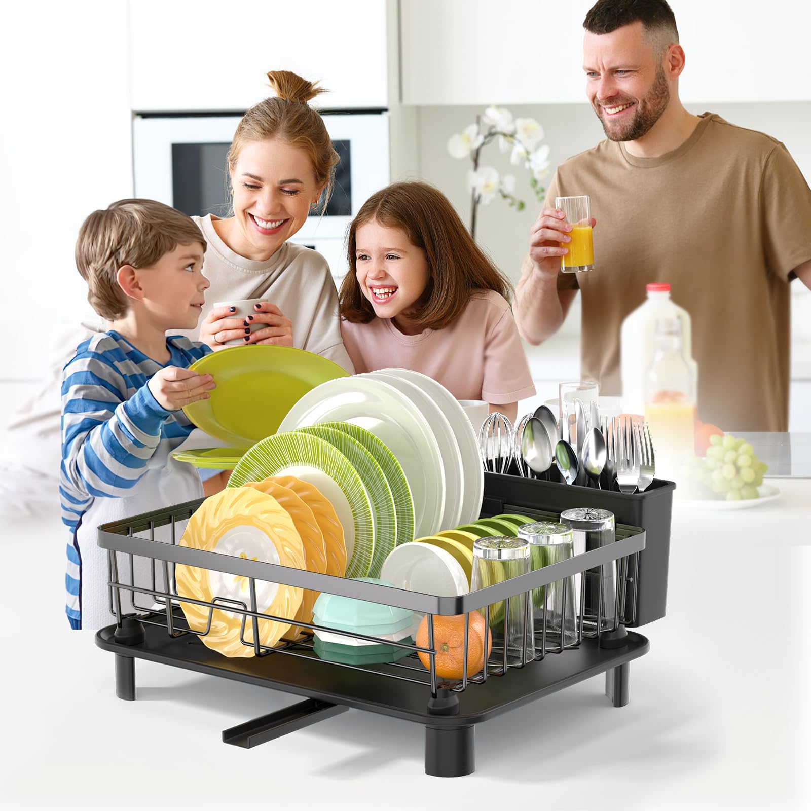 YUWENUS Dish Drying Rack, Space-Saving Dish Rack for Kitchen Counter, Anti-Rusty Stainless Steel Dish Drainer with Utensil Holder, escurridor de platos for Kitchen (Black)
