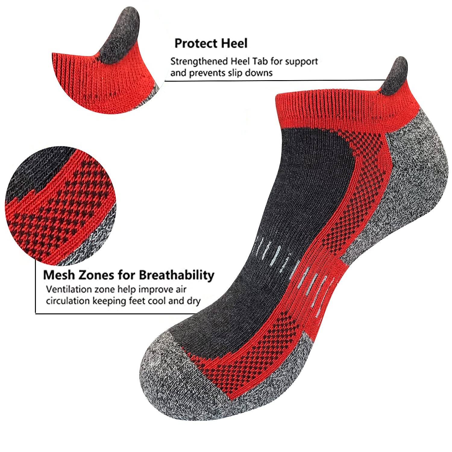 Men's Performance Cushion Cotton Low Cut Ankle Athletic Socks Heel Tab Running Socks(5 Pairs) (Five colors), 6-12
