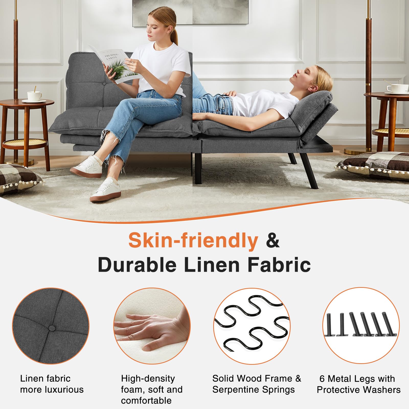 Sweetcrispy Sofa Couch, Futon Sofa Bed, Loveseat Sleeper Futon for Living Room, Foldable Memory Foam Furniture, Convertible Full Size Sofa, Adjustable Backrest and Armrests, Linen, Dark Grey