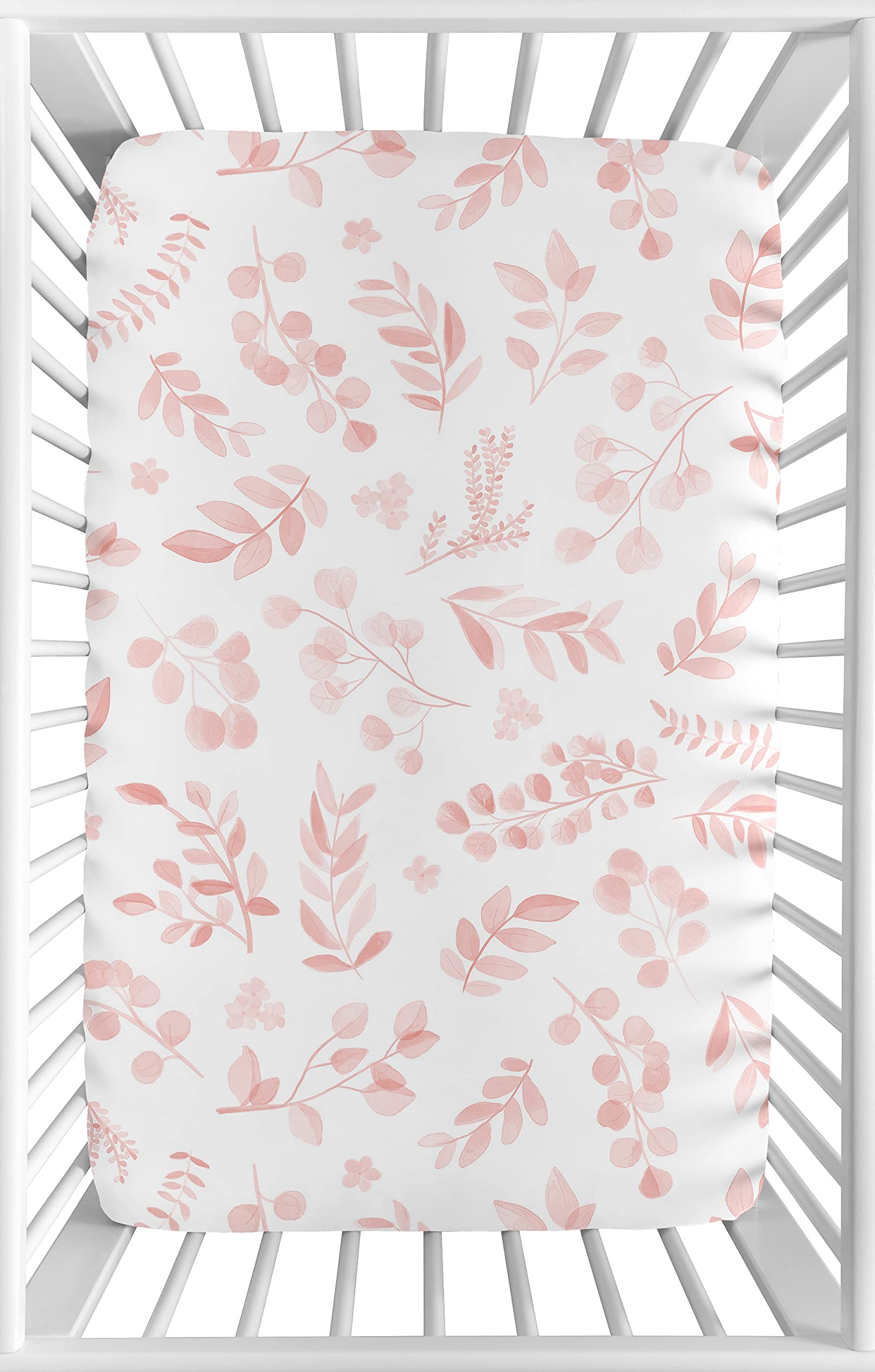 Sweet Jojo Designs Blush Pink and White Floral Leaf Girl Fitted Mini Crib Sheet Baby Nursery for Portable Crib or Pack and Play Boho Chic Bohemian Watercolor Botanical Flower Woodland Tropical Garden