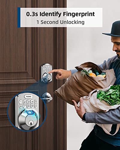 TEEHO Fingerprint Door Lock with 2 Lever Handles, Keyless Entry Door Lock with Handle, Electronic Keypad Deadbolt Front Door Lock Set with Auto Lock and 1 Touch Locking, Satin Nickel