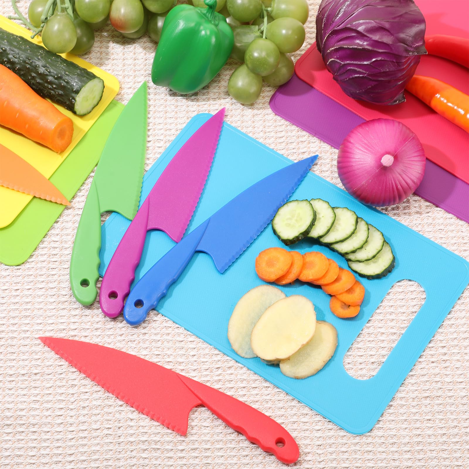 Yinkin 20 Pcs Kids Plastic Knife Set with Cutting Board Toddler Knife Tools, Including 10 Child Safe Knife 10 Kids Chopping Board Kids Cooking Utensils for Cooking Club, Preschool (Bright,Basic)