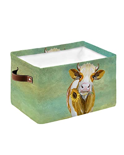 Storage Basket Vintage Cow With Sunflower Large Foldable Storage Bins with Handles Farmhouse Animal Painting Waterproof Fabric Laundry Baskets for Organizing Shelves Closet Toy Gifts Bedroom Home Decor