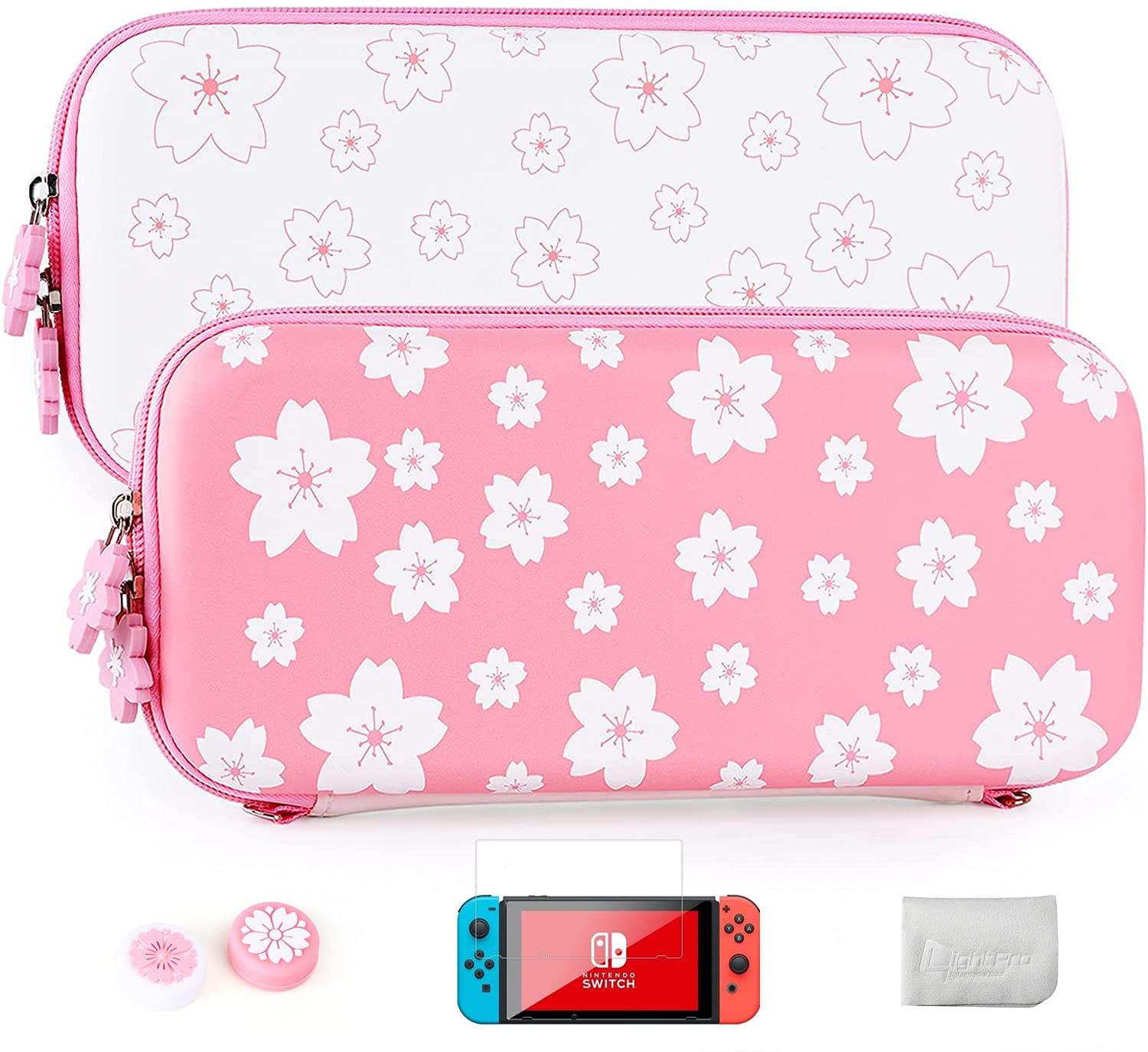 LightPro Pink Carrying Case for Nintendo Switch - Cute Sakura Storage Travel Shoulder Bag with Thumb Grips Tempered Protective Screen Removable Wrist Strap Shoulder Strap