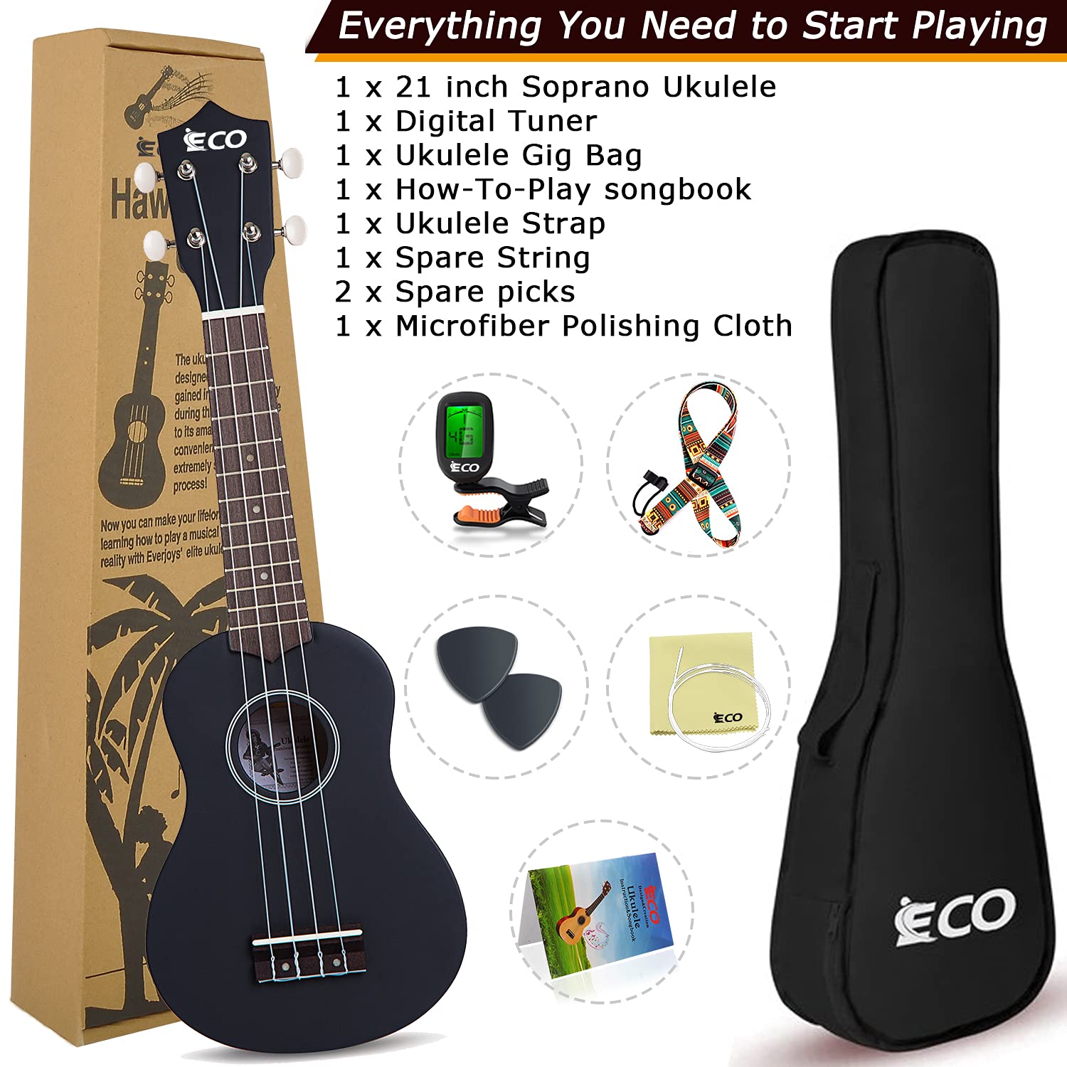 iECO Soprano Ukulele Beginner Kit for Kids Adults 21 Inch Ukelele w/Case Strap Tuner Strings Picks (Pink)