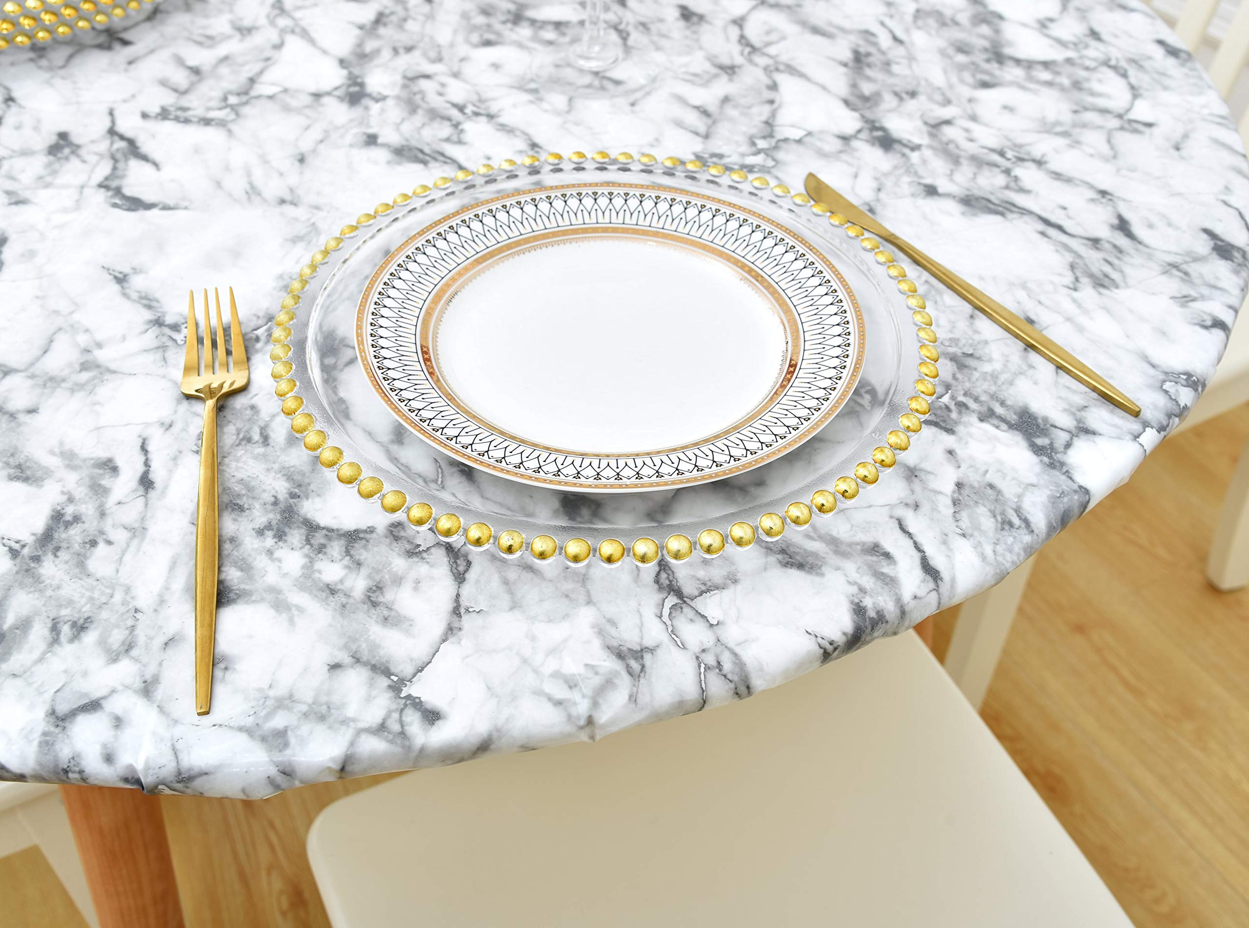 Rally Home Goods Indoor Outdoor Patio Round Fitted Vinyl Tablecloth, Flannel Backing, Elastic Edge, Waterproof Wipeable Plastic Cover, White Marble Pattern for 10-Seat Table of 57-72ββ Diameter
