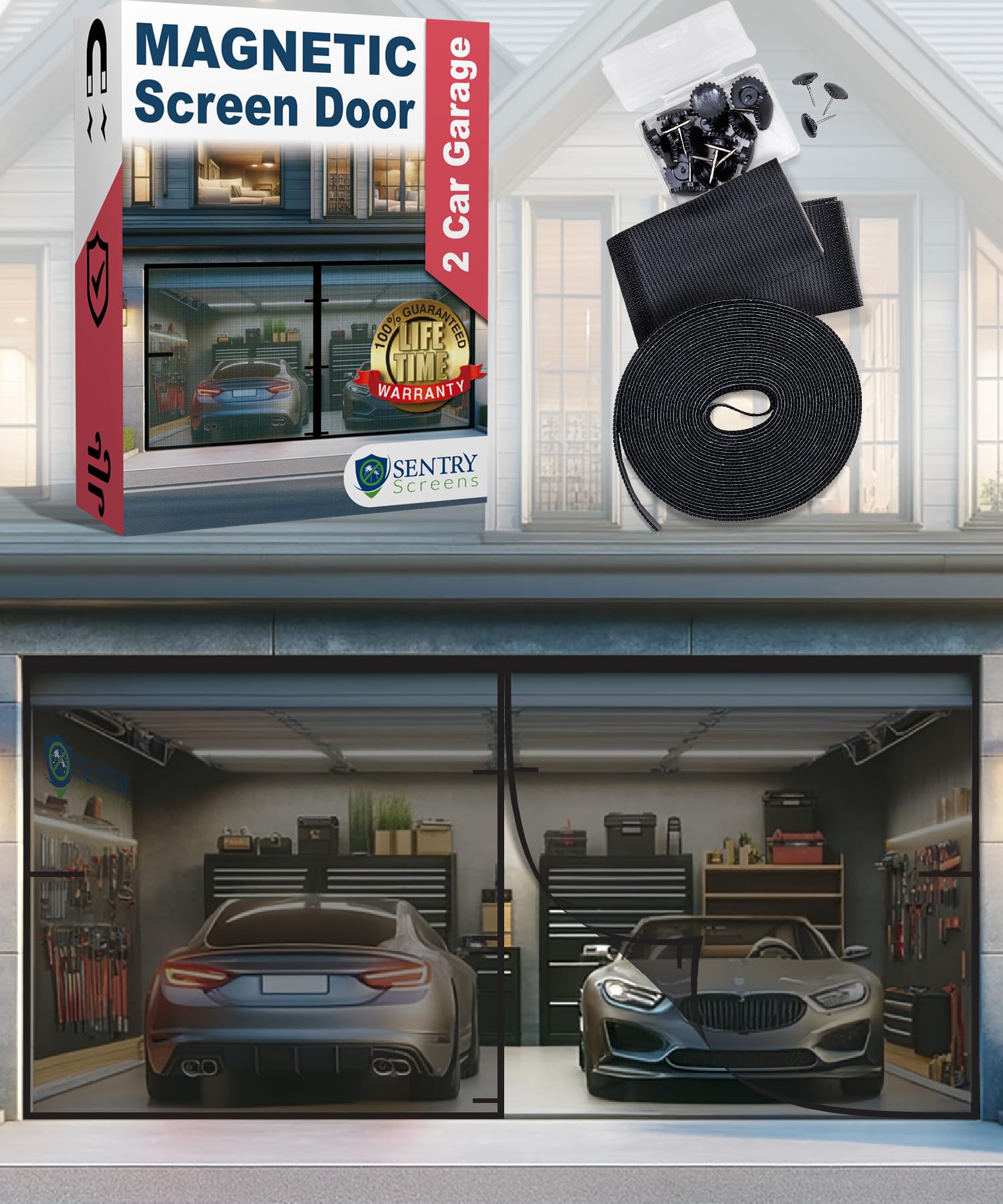 Magnetic Garage Door Screen - Double Car - 8'h x 16'w (+ Other Sizes) - 60g Fiberglass Mesh - Stronger 1,400gs High Energy Magnets - Weighted Bottom - Tie Backs - Wind Resistors - Black