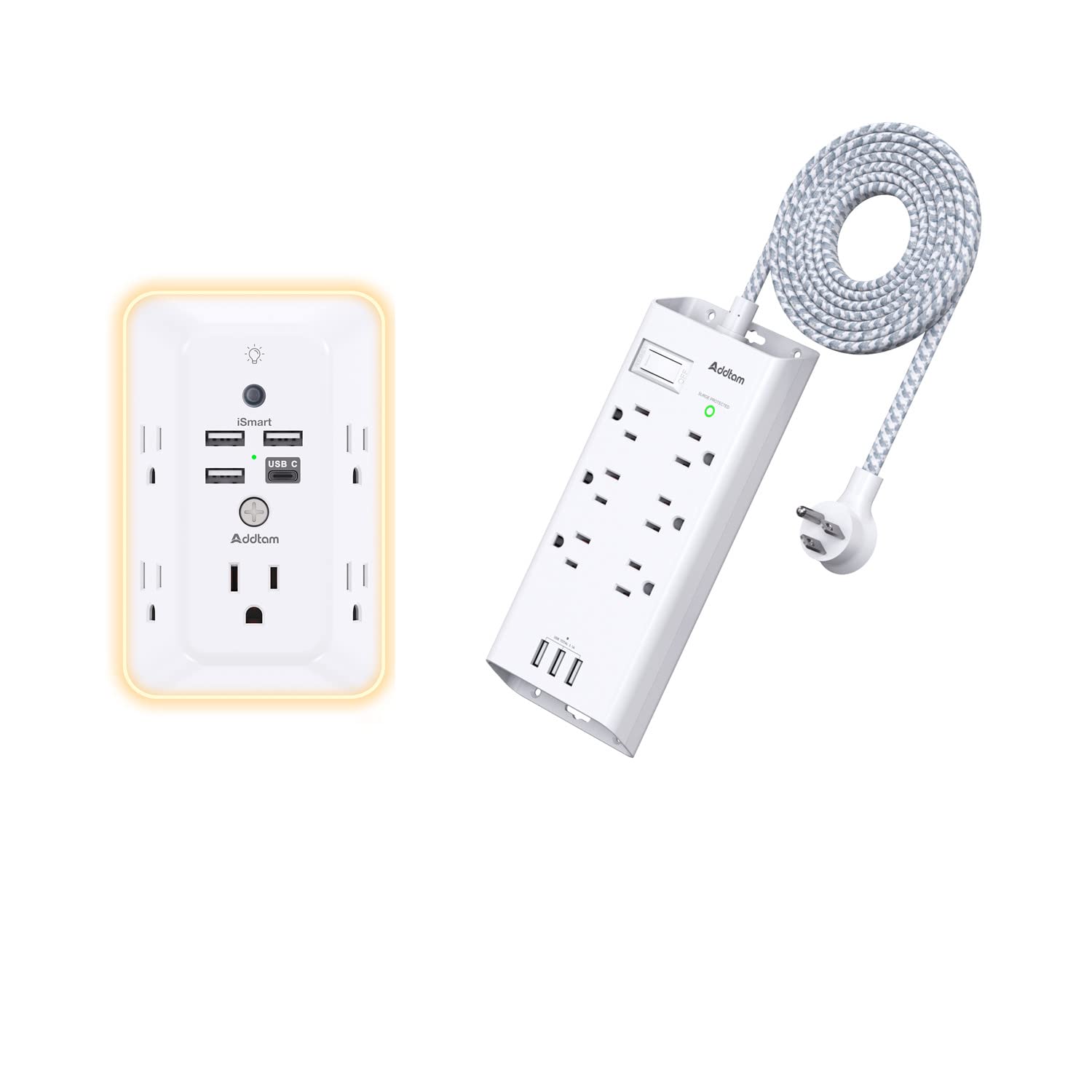 Surge Protector, Outlet Extender with Night Light, Addtam 5-Outlet Splitter and 4 USB Ports(1 USB C) and Power Strip Surge Protector 6 Outlets and 3 USB Ports, Wall Mount for Home, Office and Dorm