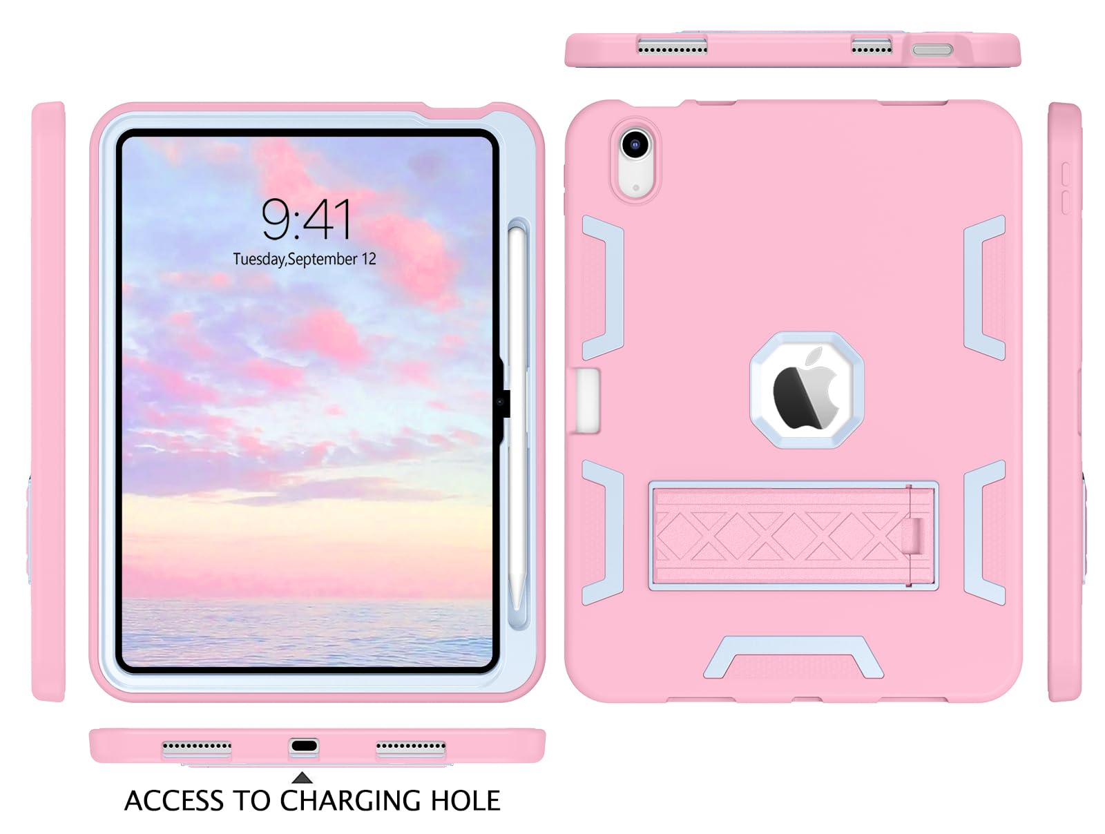 Telaso iPad 10th Generation Case 10.9 inch 2022, iPad 10 Case with Kickstand 3 Layers Heavy Duty Hybrid Soft Silicone Shockproof Protective Case with Pencil Holder for iPad 10th Gen, Pink/Purple