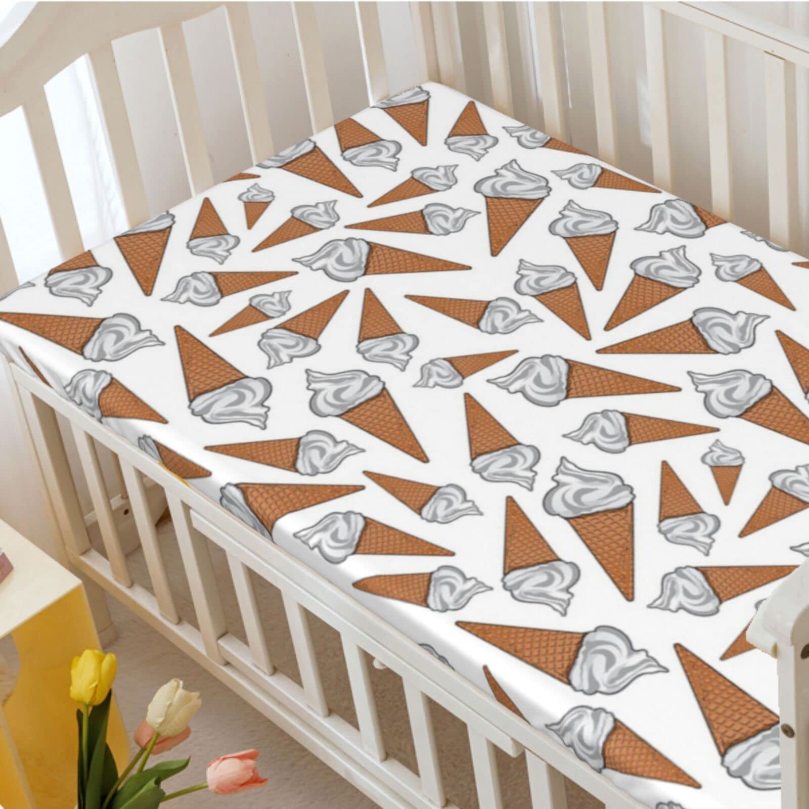 Sweets Themed Fitted Mini Crib Sheets,Portable Mini Crib Sheets Soft Toddler Mattress Sheet Fitted-Baby Crib Sheets for Girl or Boy,24β x38β,Pale Caramel Pearl