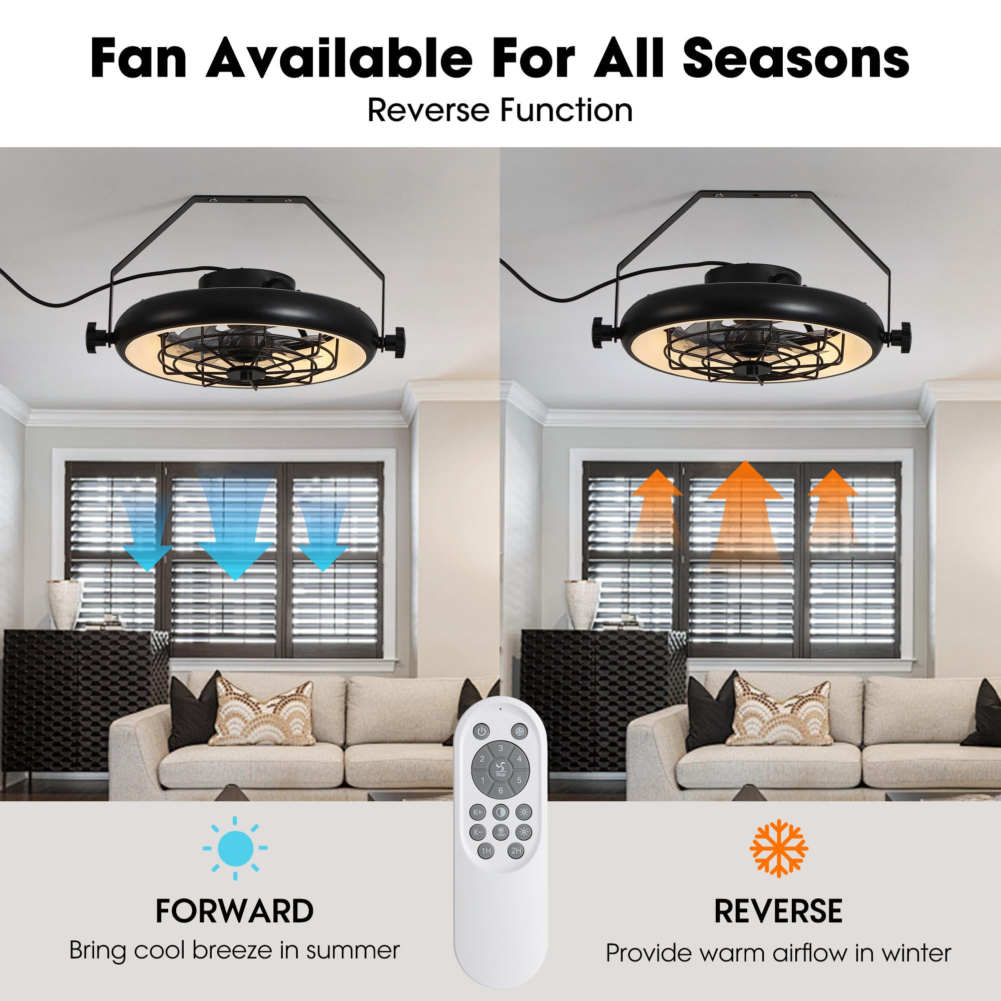 Wall Mount Fan 16" Wall Ceiling Fan with Lights and Remote, 6-Speed, LED Light, Timer, Industrial Wall Mounted Fan for Bedroom, Tool Room, Garage, Warehouse, Workshop, Covered Patios