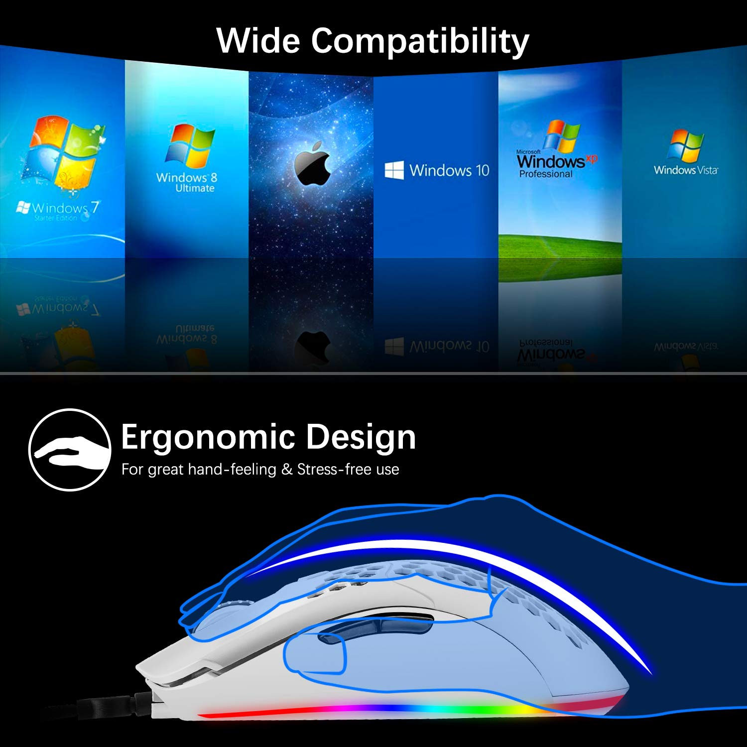 Lightweight Wired Gaming Mouse with 7 Button 26RGB Backlit Programmable Driver PAW3325 12000 DPI Optical Sensor Ultralight Ergonomic 65G Honeycomb Shell Ultraweave Cable for PC Xbox PS4 Gamer(White)