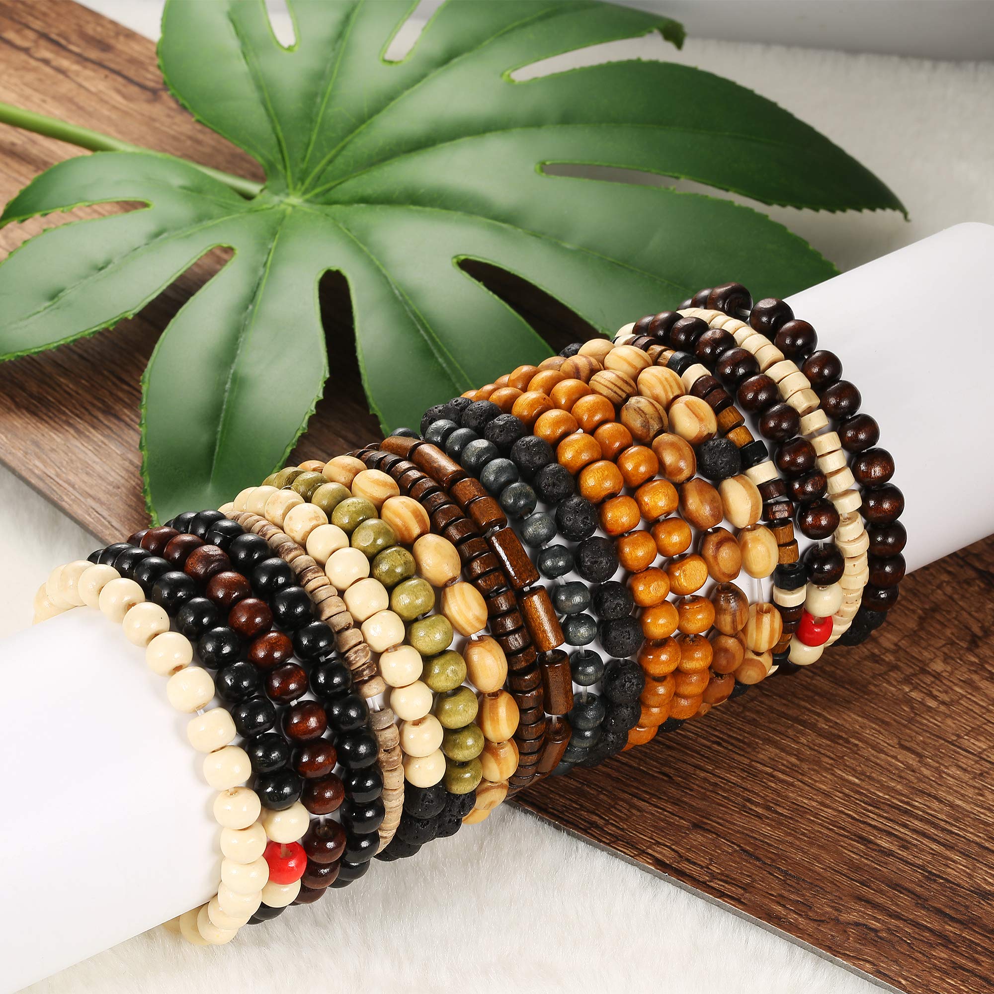 Jstyle 20Pcs Wooden Bead Bracelet for Women Mens Lava Rock Stone Beads Essential Oil Diffuser Beaded Bracelets Bangles Elastic Stretch Bracelet Set