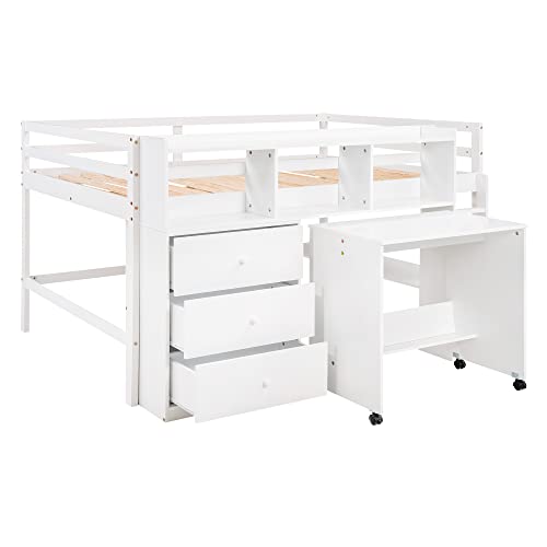 VilroCaz Full Size Low Loft Bed with Rolling Portable Desk and Drawers, Multiple Functions Wood Loft Bed Frame with Storage Shelves for Kids Teens, Sturdy Slats Support (White-Full)