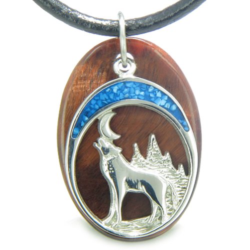 Howling Wolf Moon Amulet Evil Eye Protection Red Tiger Eye Leather Pendant Necklace