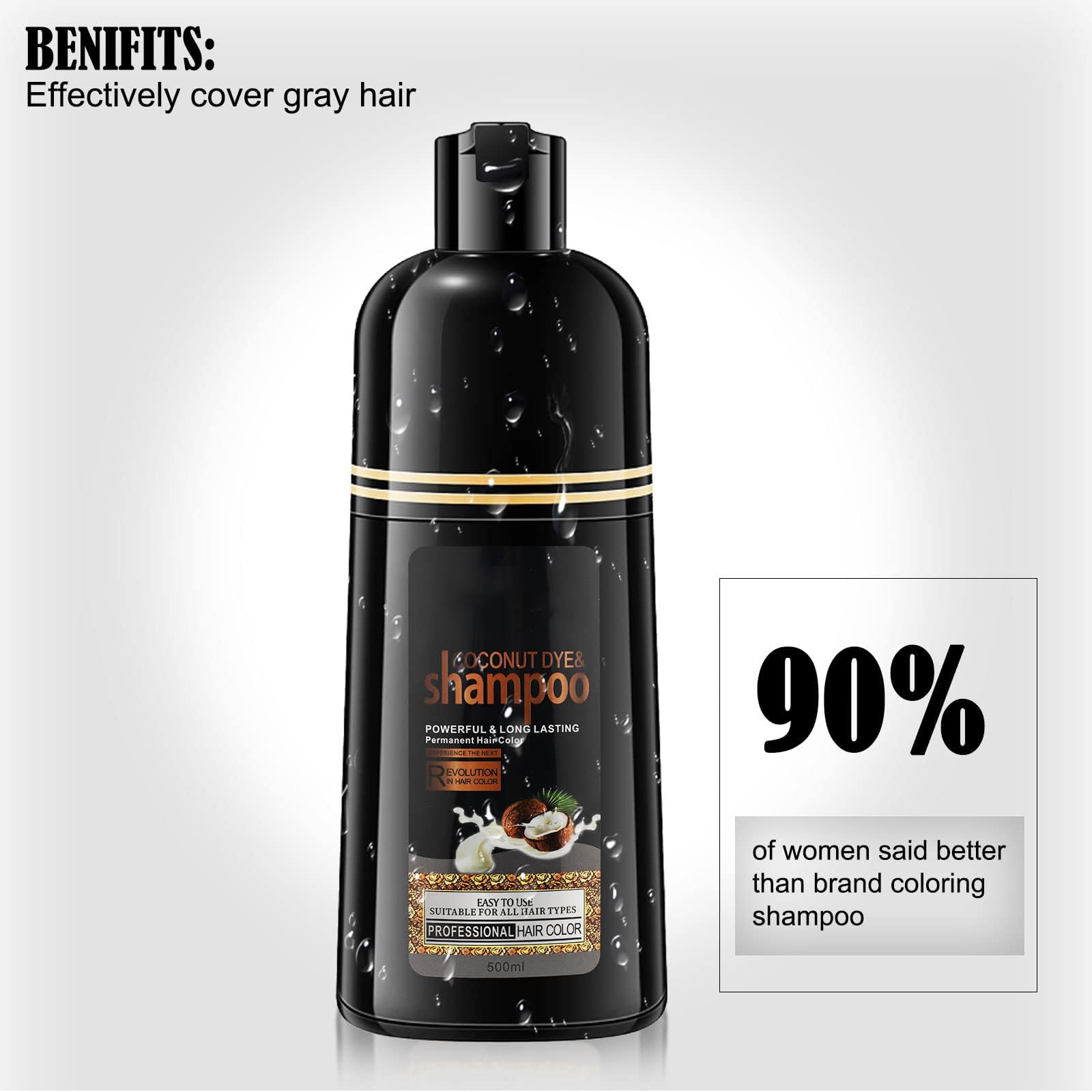 TENGLONG Shampoo, Coconut Black Hair Dye Shampoo, 500ml, Herbal Ingredients, Ammonia Free, 30 Days Lasting, 100% Grey Coverage for Women & Men