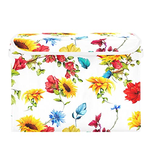 Sunflowers Pomegranate Storage Bins with Lids for Organizing Lidded Home Storage Bins with Handles Oxford Cloth Storage Cube Box for Bed Room