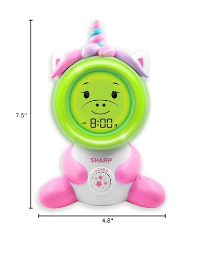 Sharp Ready to Wake Unicorn Sleep Trainer, Kid’s Alarm Clock for Ready to Rise, Ceiling Projection Nightlight and “Off-to-Bed” Feature – Simple to Set and Use! Pink, White