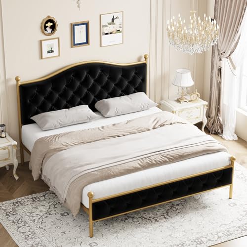 King Size Hand-Sewn Upholstered Platform Bed Frame with Button Tufted Headboard & Footboard, Modern Velvet Black Bed with Gold & Metal Frame and Solid Wood Slat/No Box Spring Needed/Easy Assembly