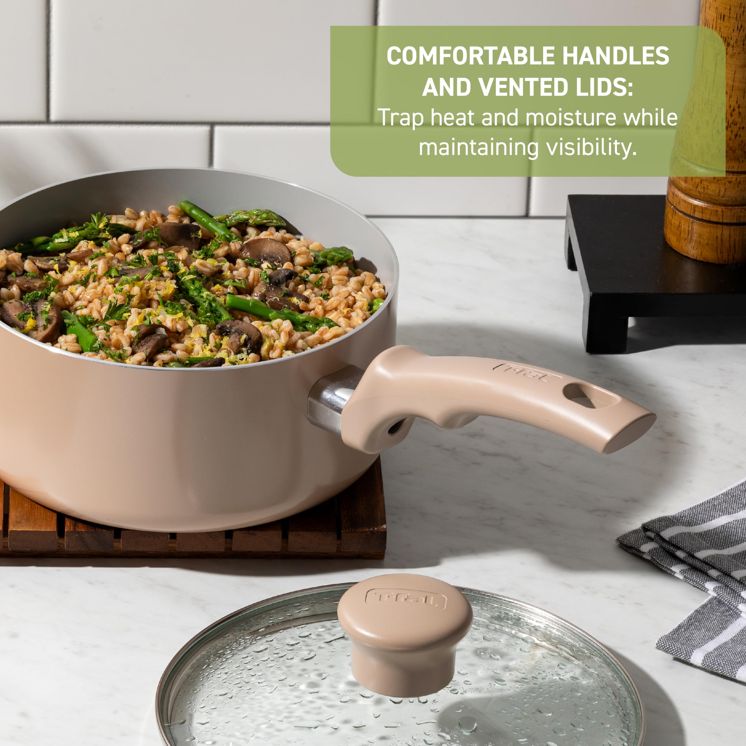 T-fal Refresh Ceramic, Ceramic Non Stick Cookware Set 12 Piece, Oven Broiler Safe 350F, Cookware, Kitchen Cooking Set w/Fry Pans, Saucepans & Kitchen Utensils, Pots and Pans Set Non Stick, Mint Green