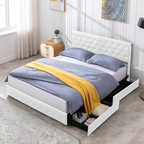 ZAFLY California King Platform Bed Frame with Button Tufted Headboard,Upholstered PU Leather Cal King Bed Frame with 4 Storage Drawers,Wooden Slats Support,No Box Spring Needed,Easy Assembly,White