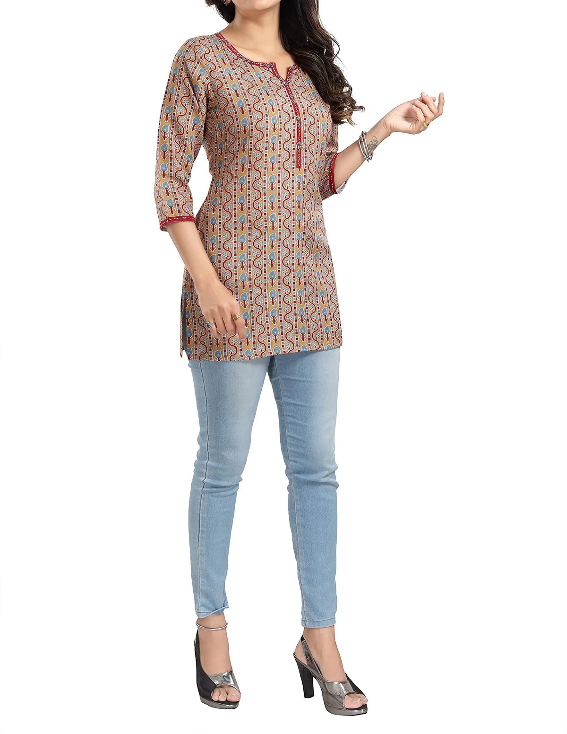 IshDeena Indian Kurtis for Women Indian Style Printed Embroidered Tunics Womens Tops Kurta (2X Large, Maroon - 0622ID5)