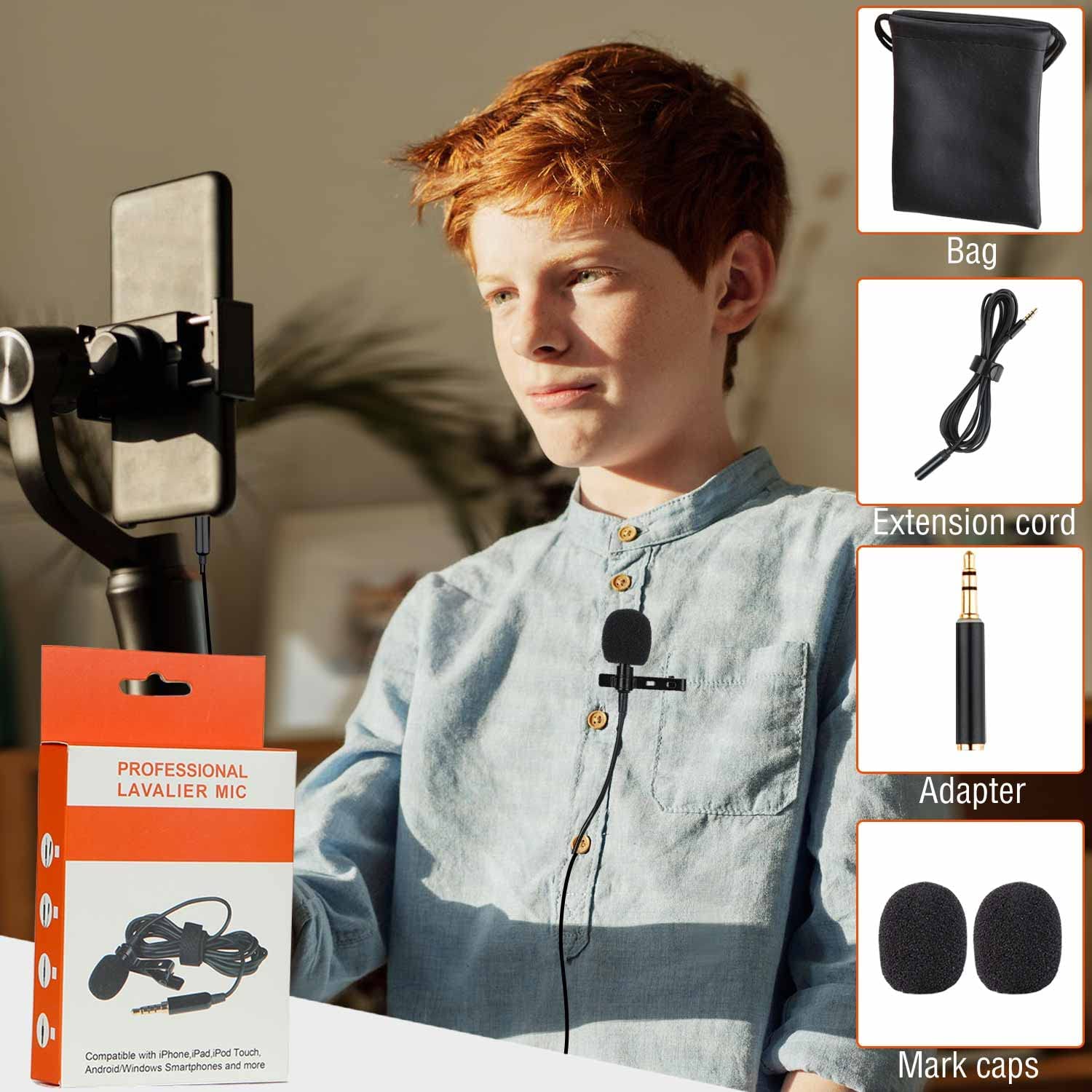 LMS Lavalier Lapel Microphone Omnidirectional Condenser Lav Mic with Extension Cord Professional Recording Mic Clip on Microphone for iPhone Android PC Camera for YouTube