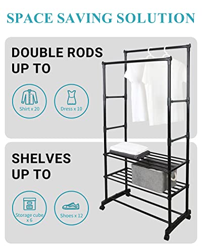 ZOES HOMEWARE Compact Clothes Rack | Rolling Clothing Rack | Metal Garment Clothes Rack for Hanging Clothes | Hanging Clothes Rack with 3 Shelves on Wheels