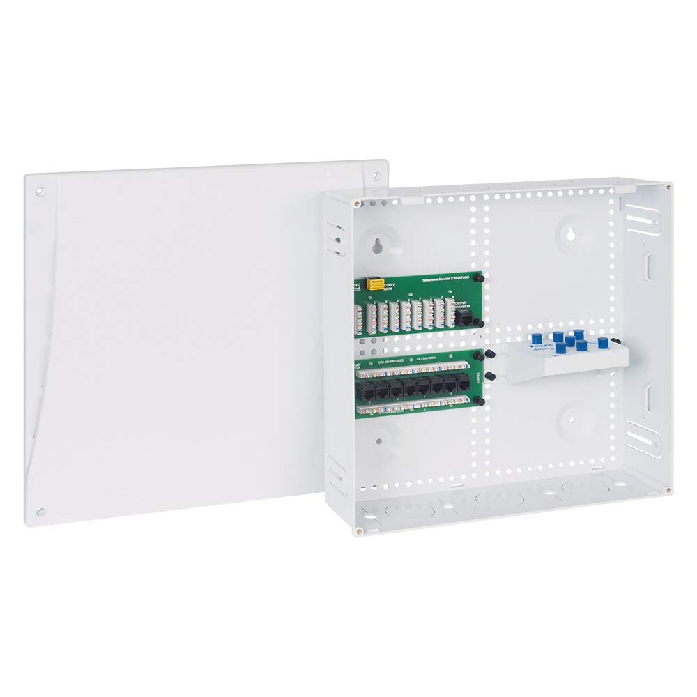 ICC 14ā Plastic Structured Wiring Enclosure, Media Enclosure with Voice, Data, and Video Modules with Cover, Recessed Wall Box for Distribution of Networking Services, White
