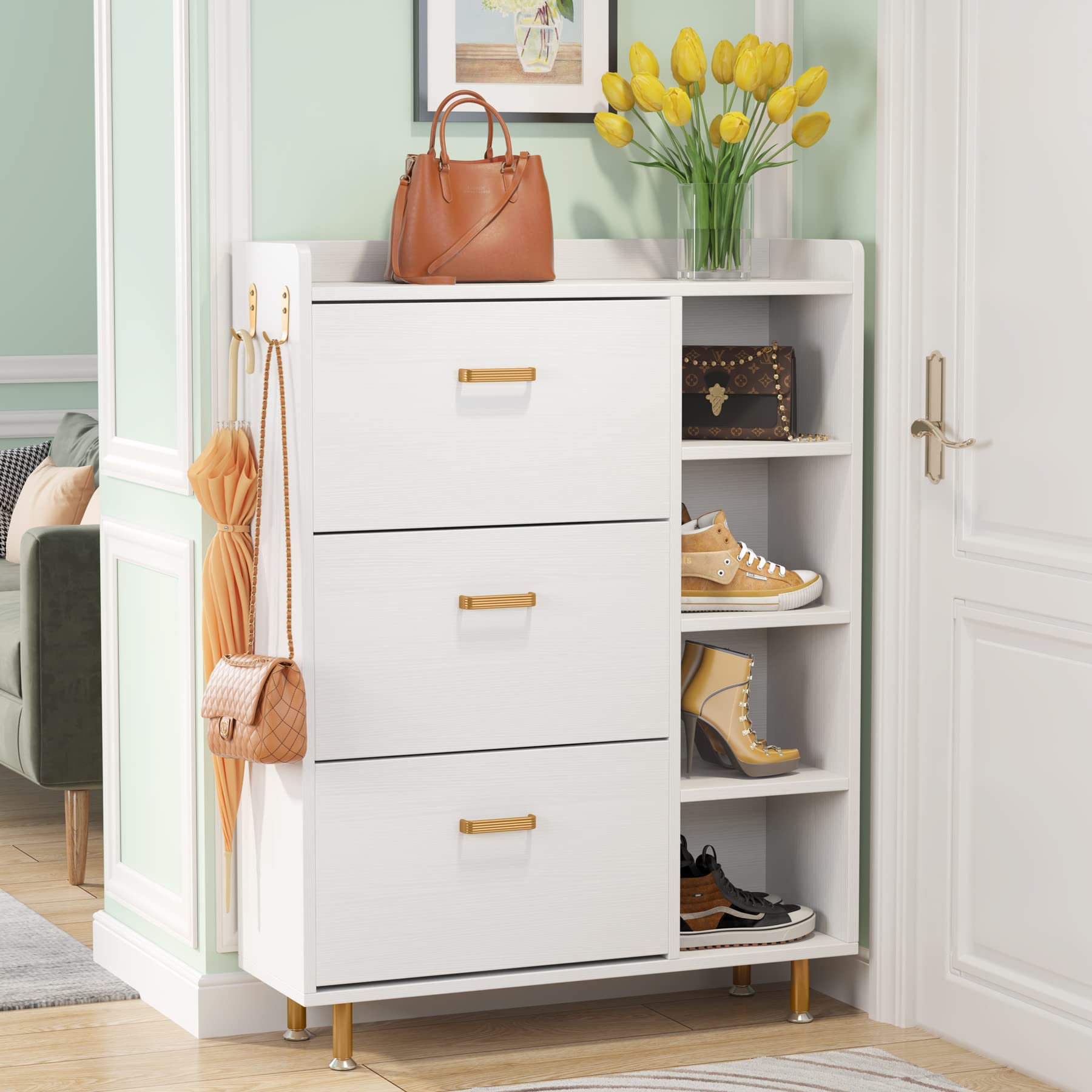 Tribesigns Shoe Cabinet, Flip Drawers Shoe Storage Cabinet for Entryway with 3 Flip Drawers and 5 Shelves, White Golden Freestanding Shoes Cabinet for Closet, Living Room, Bedroom (White/Golden)