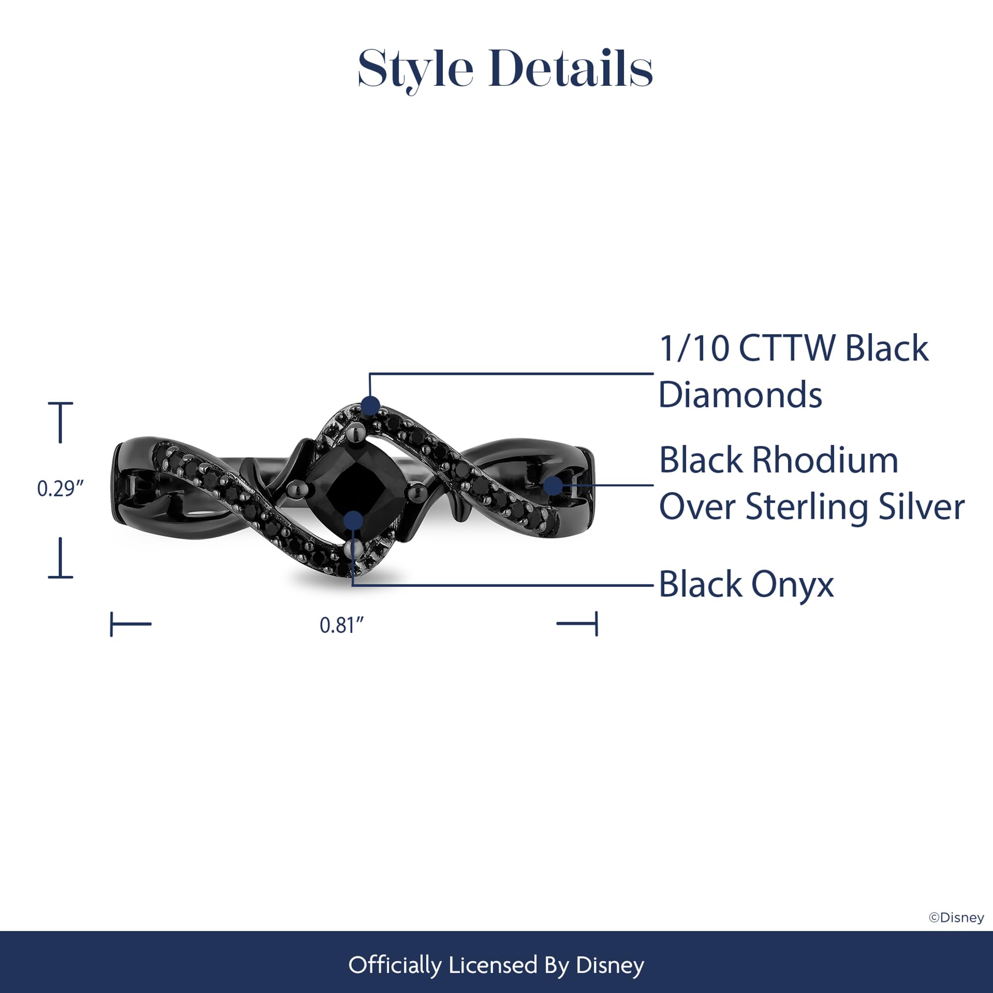Jewelili Enchanted Disney Fine Jewelry Black Rhodium over Sterling Silver with 1/10 CTTW Black Diamond and Onyx Maleficent Ring Size 8