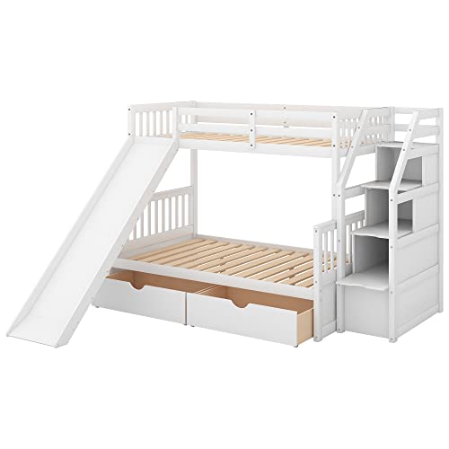 Twin Over Full Bunk Bed with 2 Drawers and Slide,Solid Wood Bunk Bed Frame with Convertible Storage Staircase for Kids, Teens Bedroom, Guest Room Furniture, No Box Spring Needed