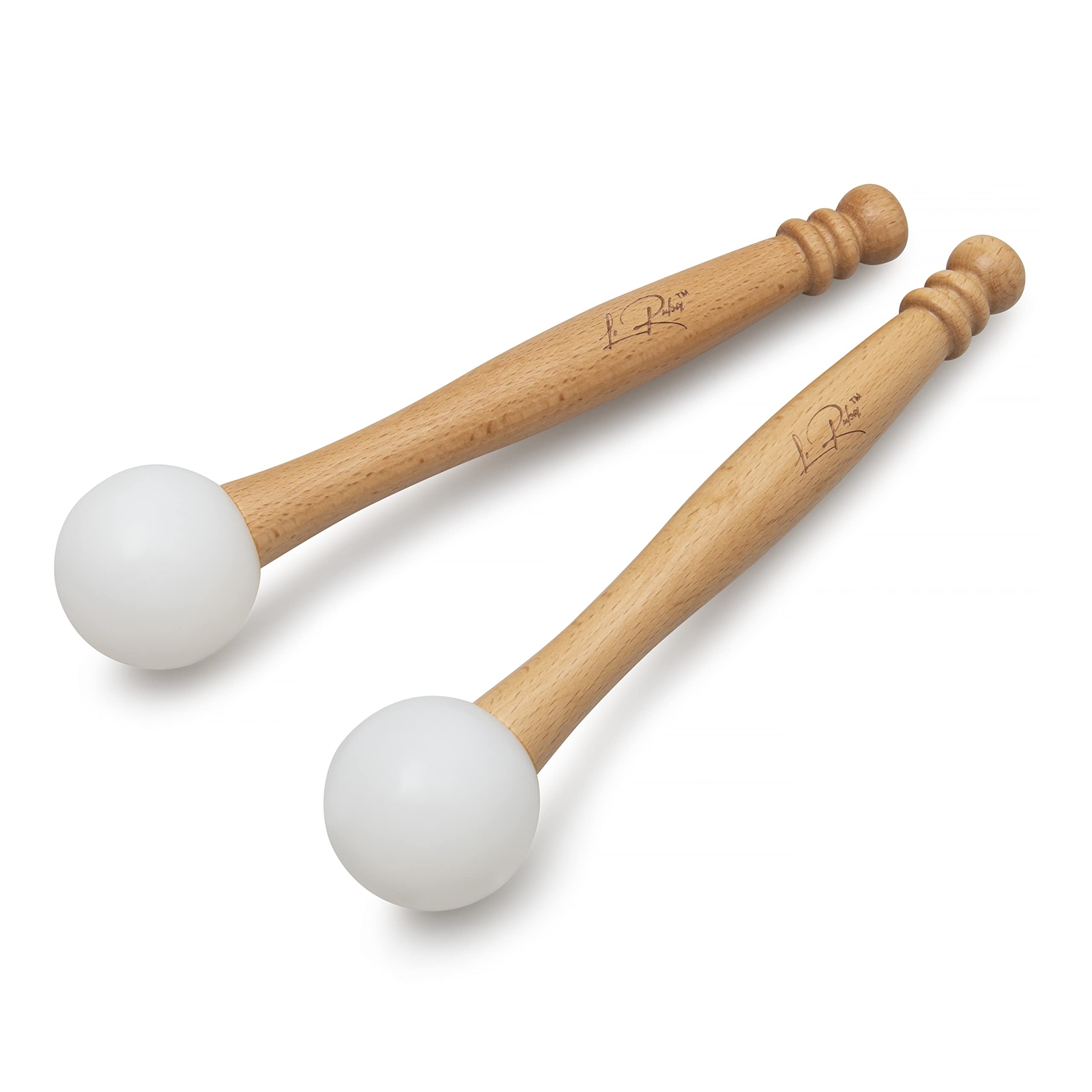 LO RUBA 2x Rubber Mallets For Playing Crystal Singing Bowl Striker 8.7” Long With 0.9” Thick Handle Made From Beech Wood And 1.8” Rubber Ball Made of Semi-Transparent Silicone With A Suede Carry Pouch