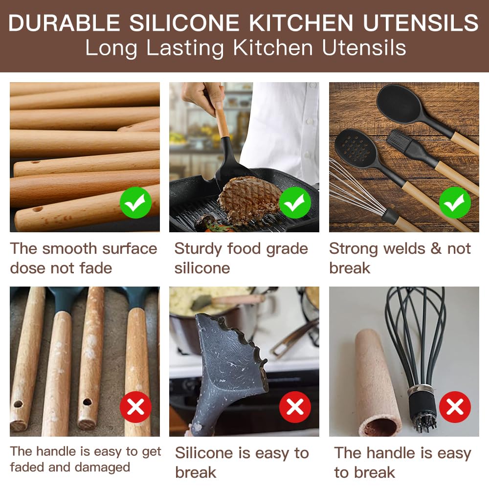 Kitchen Cooking Utensils Set, 14 Non-Stick Silicone Cooking Kitchen Utensils Spatula Set with Holder, Wooden Handle Silicone Kitchen Gadgets Utensil Set for Nonstick Cookware(Black)