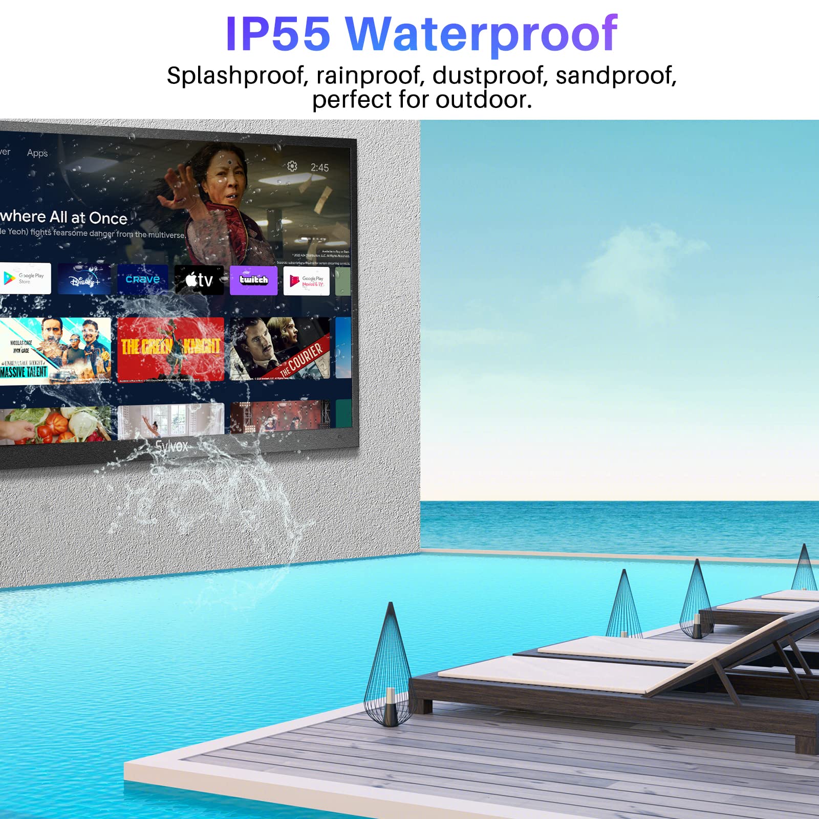 SYLVOX 55” Outdoor Smart TV with TV Mount, Outdoor TV 4K UHD, Voice Remote Control, Google Play, Support Download APPs, Chromecast Built-in (Deck Pro Series)