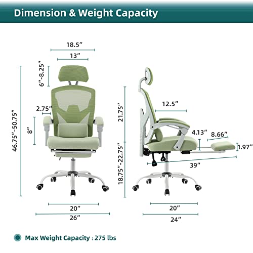 Sweetcrispy Swivel Rolling Padded Armrests Headrest, High Back Lumbar Pillow and Retractable Footrest Ergonomic Home Office, Height Adjustable Reclining Mesh Chair, Green
