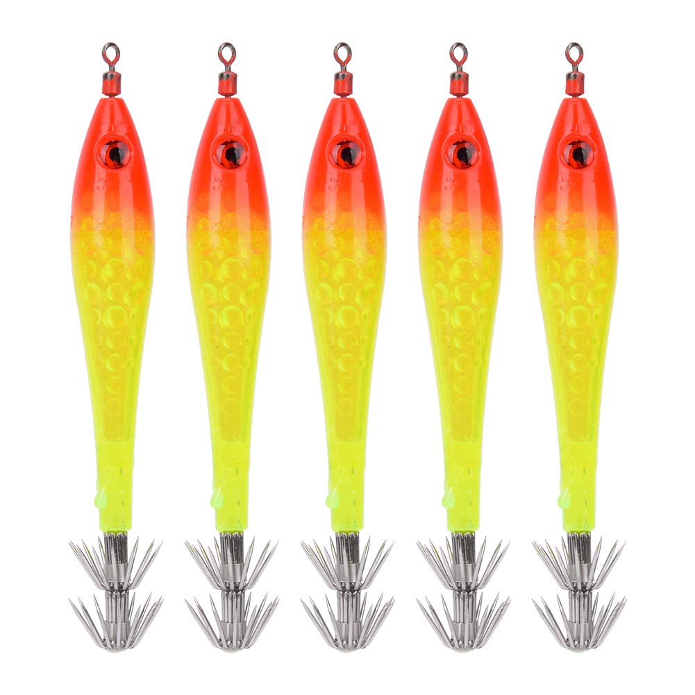 OKJHFD 5Pcs Luminous Squid Jigs Hook Fishing Lures Baits for Saltwater Freshwater Fishing Tackle Accessories(Yellow)