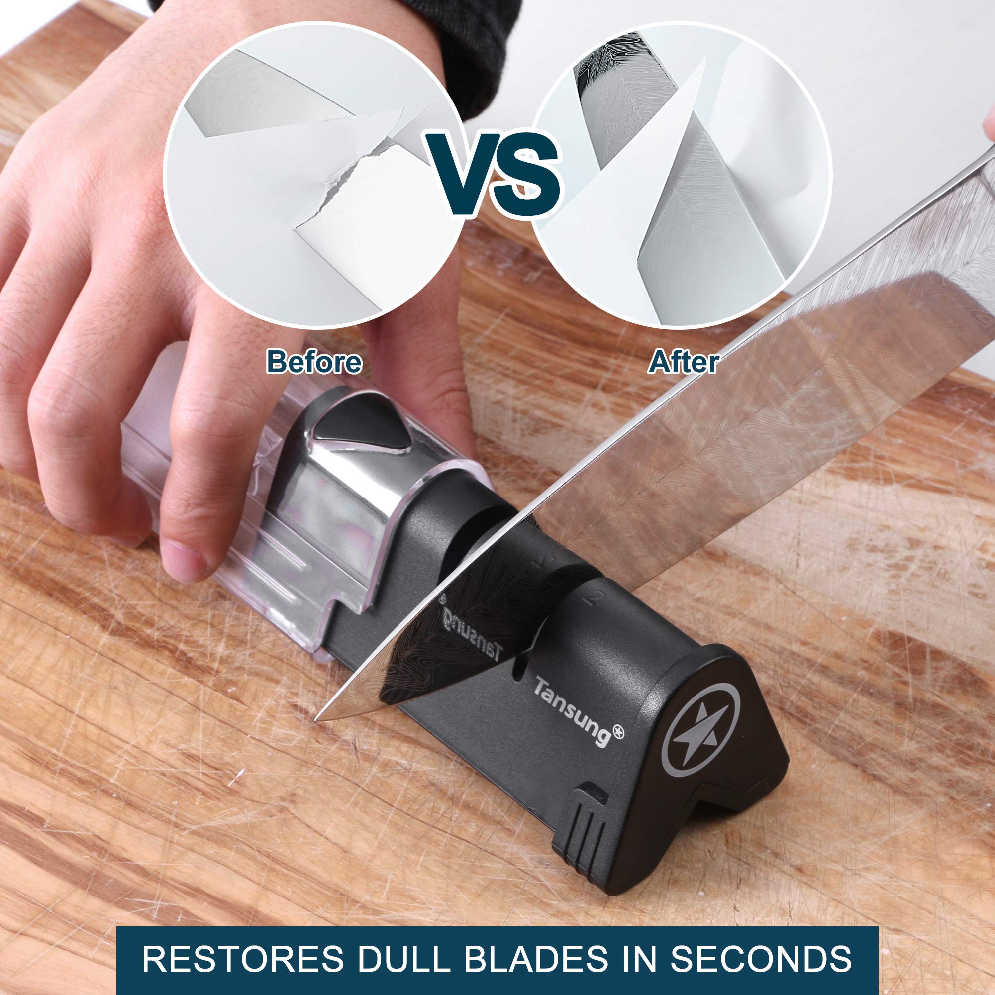 Kitchen Knife Sharpener, Safe Slip Resistant Handheld Chef 2 Slot Sharpener, Easy Sharpening, Restore Dull Knife for A Sharp Edge, Tungsten Steel Ceramic Coarse Help Repair, Restore and Polish Blades
