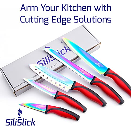 Kitchen Knife Set Kit, 5 Dishwasher Safe Colorful Knives, Knife Sharpener & Magnetic Wall Bar, Titanium Non Stick Plating Stainless Steel