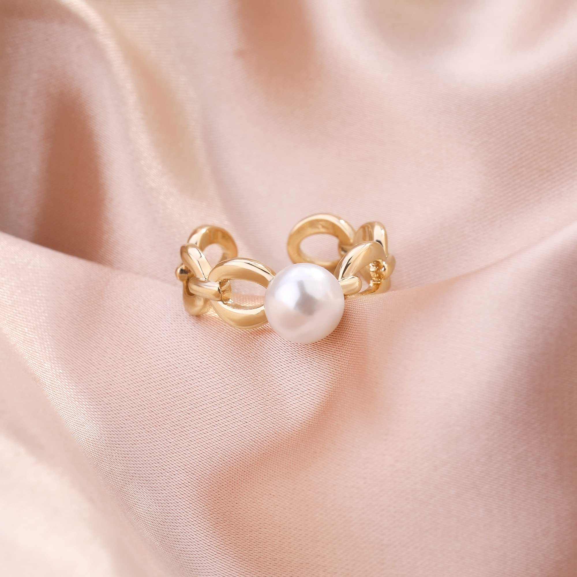 papasgix Pearl Ring for Women, 14K Gold Plated Stackable Open Ring Adjustable Ring Aesthetic Handmade Statement Gold Ring